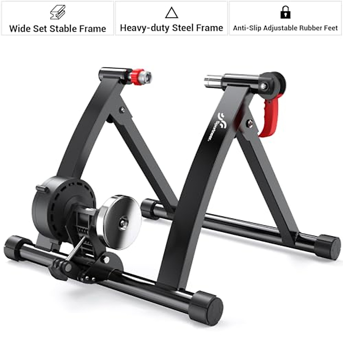 Sportneer Bike Trainer - Magnetic Stationary Bike Stand for 26-28" & 700C Wheels - Adjustable 6 Level Resistance Bike Trainer Stand for Indoor Riding with Quick Release Lever & Front Wheel Riser Block