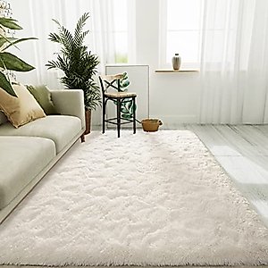 LOCHAS Fluffy Soft Cream Area Rug for Bedroom 4x6 Feet, Large Shag Bedroom Rugs for Girls Room Kids, Shaggy Thick Living Room Rug Carpet, Not Shed Indoor Furry Carpets for Home Decor