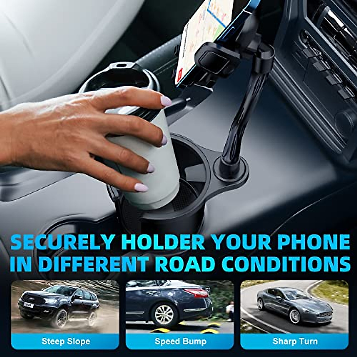 Cup Holder Phone Mount, FONKEN 2 in 1 Cup Car Phone Holder for Car [Stable & Adjustable] Goosenecks Car Cup Holder Expander with Cell Phone Holder 360° Rotation Phone Cup Holder for Car Fit All phones
