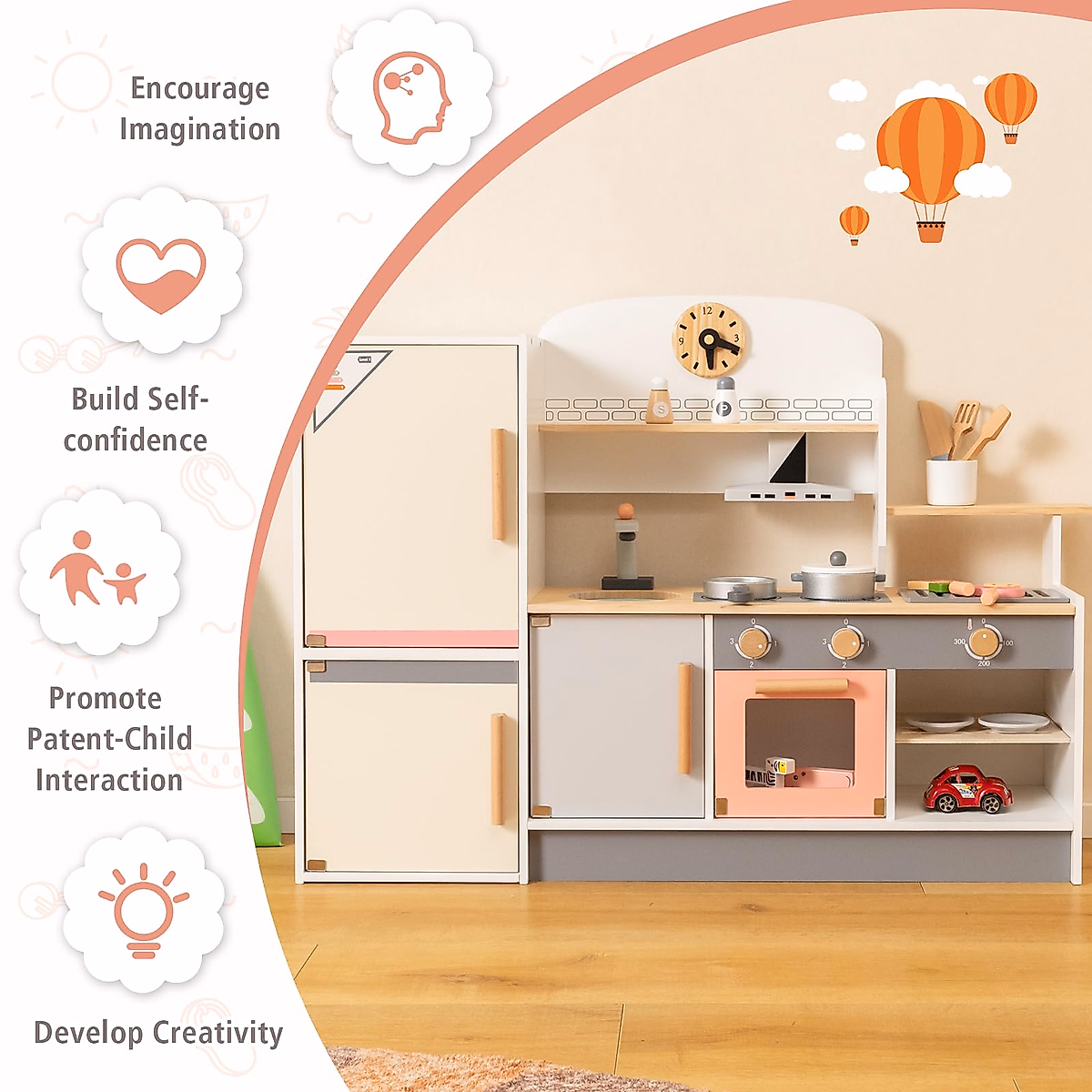 Costzon Kids Kitchen Playset, Pretend Play Kitchen with Refrigerator, BBQ Grill, Oven, Range Hood, Faucet & Sink, Dish Rack, Wooden Toy Kitchen Set for Toddlers, Gift for Boys Girls Age 3+ (One-Piece)