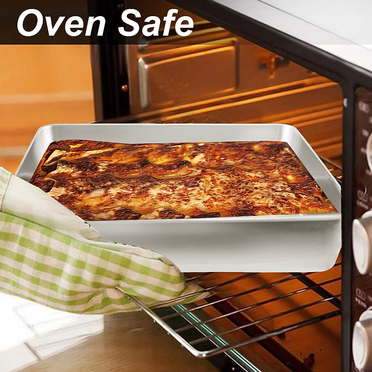 Home-X Stainless-Steel Cake Pan with Lid, Rectangular Cake Pan With Lid, Baking Tray for Cakes, Oven-Safe Pan, Large Metal Baking Pan, 13" L x 11" W x 2 ½” D, Stainless Steel