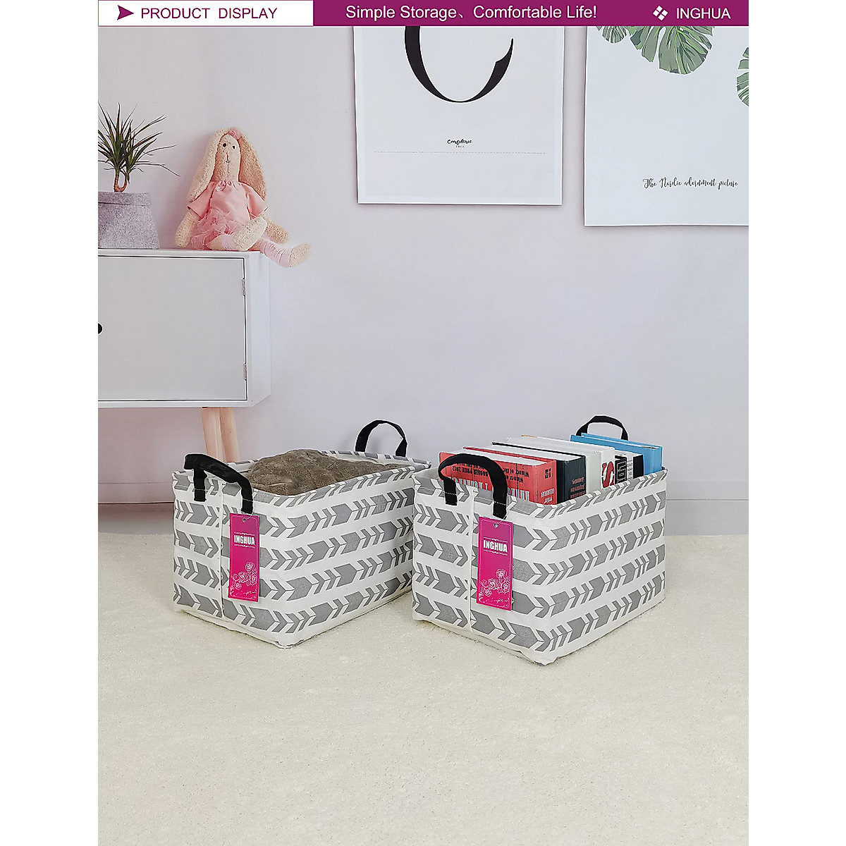 INGHUA 2 Packs Rectangular Storage Basket Fabric Organizer Bin for Toys,Books,Clothes,Gifts,Pets-Perfect for Home,Office,Nursery,Dorm,Shelf(Rec-2-Grey Arrow)