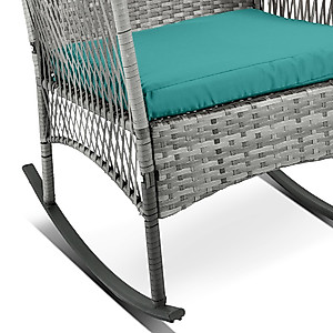 CIRMUBUY 3 Piece Patio Conversation Set, Outdoor Rocking Chairs Set of 2, Wicker Furniture Set with Glass Top Coffee Table and Cushions for Porch Garden Backyard Lawn (Grey Rattan, Blue Cushion)