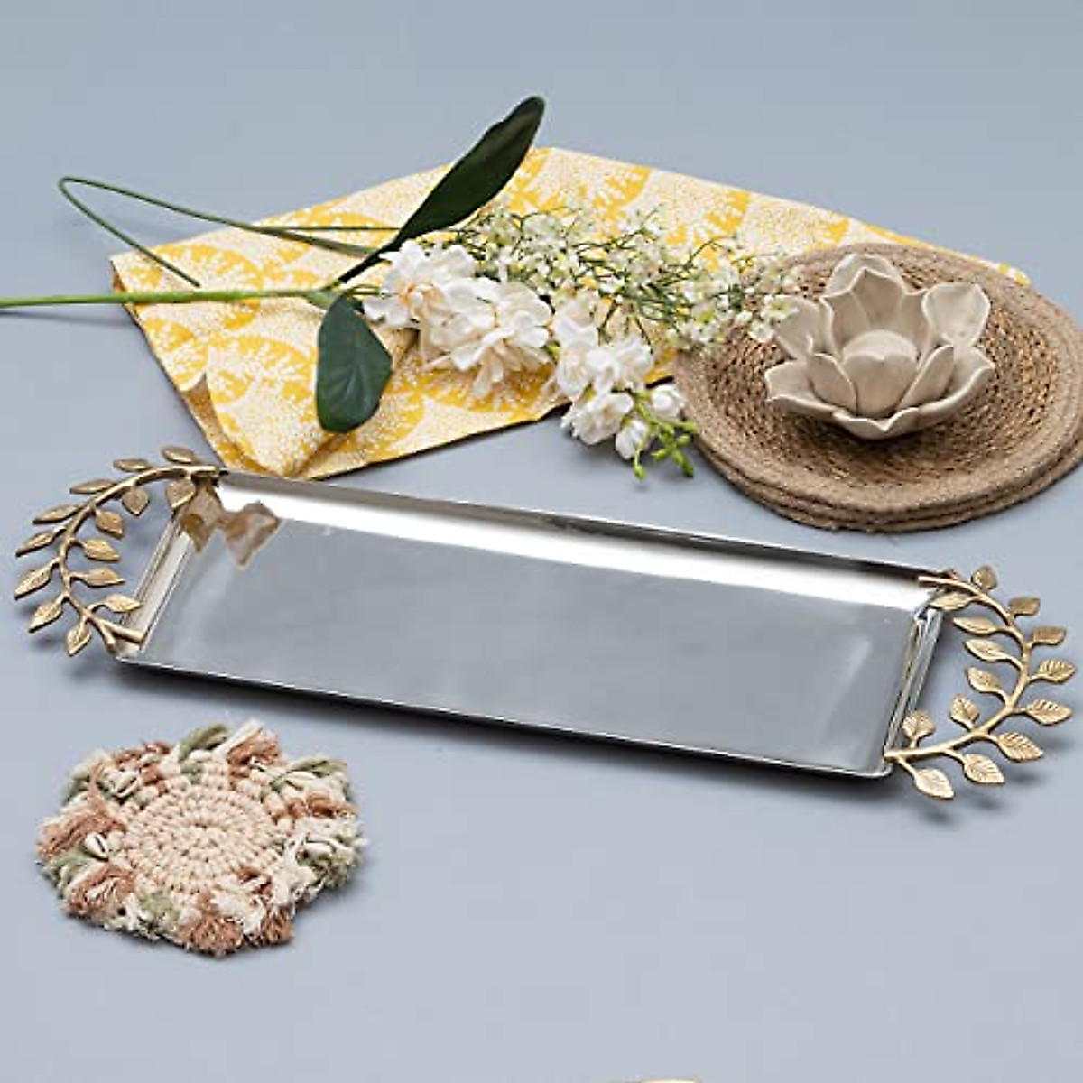 21" Long Decorative Golden Vine Oval Centerpiece Silver Serving Tray with Accents by Gute - Stainless Steel Metal & Brass, Gold Leaves Trim Accent Design, Serveware Foods Home Decor Gifts