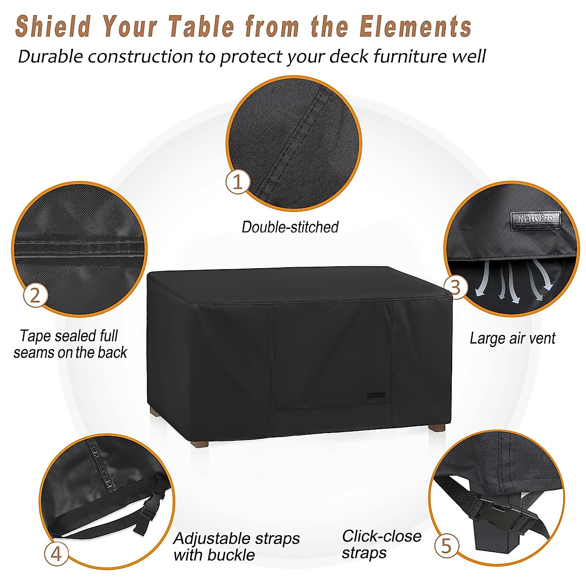 NettyPro Patio Coffee Table Cover Rectangular, Waterproof Outdoor Furniture Small Side Table Cover Rectangle, 48x26x18 inch, Black