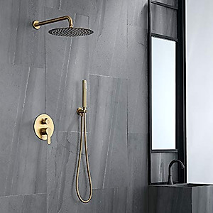 Shower System, Brushed Gold Shower Faucet Set Contain High Pressure 12 inch Round Rain Shower Head with Handheld, Wall Mounted Golden Brush Rainfall Shower Mixer Combo Set for Bathroom