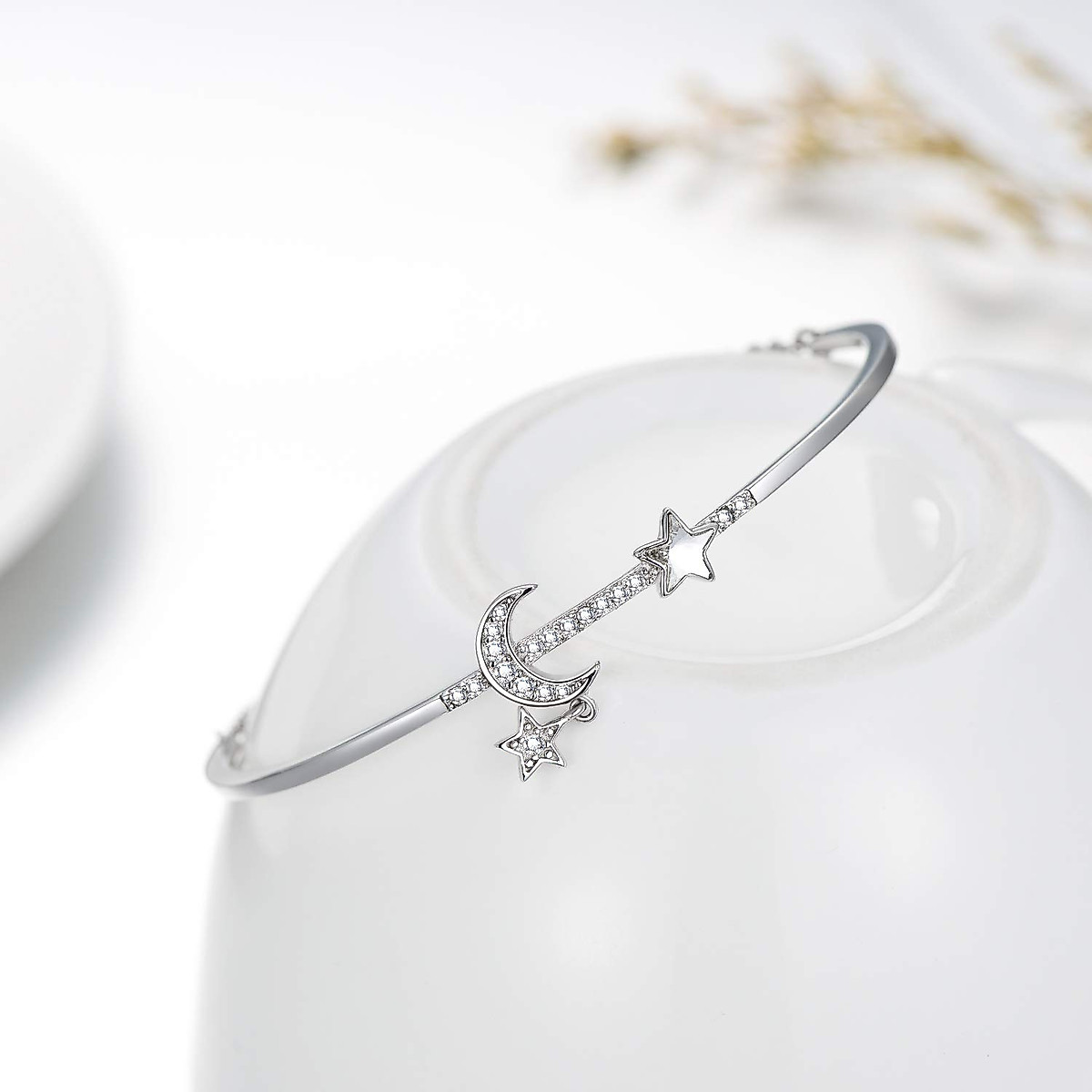 AOBOCO Sterling Silver Crescent Moon Star Bangle Bracelet Embellished with Crystals from Austria, Hypoallergenic Silver Moon Jewelry Anniversary Birthday Gifts for Women Wife(New Version)