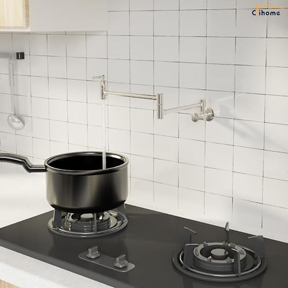 Double Handles Folding Pot Filler Kitchen Faucet with 360 Degrees Swing Arm Single Hole Brass Wall Mount Pot Filler Facuet Dual Joints Brushed Nickel