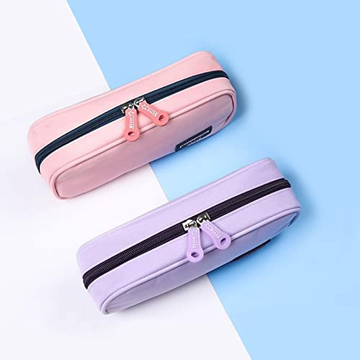 Chris.W 2Pcs Pencil Case Large Capacity Canvas Pencil Pouch with 3 Compartment Pen Bag Pencil Holder Case Student Stationery Organizer Cases for Teen Boys Girls School Supplies (Purple&Pink)