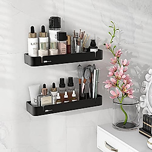 RCHYFEED 15.6”Shower Caddy with Towel Bar, Shower Organizer Adhesive,Metal Rustproof Bathroom Shower Shelf Rack with Hook, Drilling-Free Self Adhesive Storage Shelf for Bathroom & Kitchen(Black)