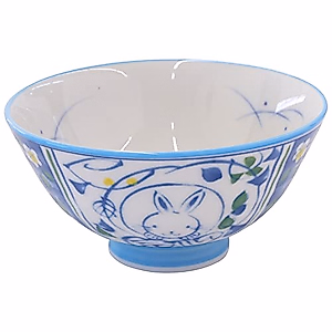 Mino Ware Rice Bowl Set, 4.4 inch, Red Rabbit Design, Blue, Japanese Ceramic Bowls, 5.2 oz, Set of 2