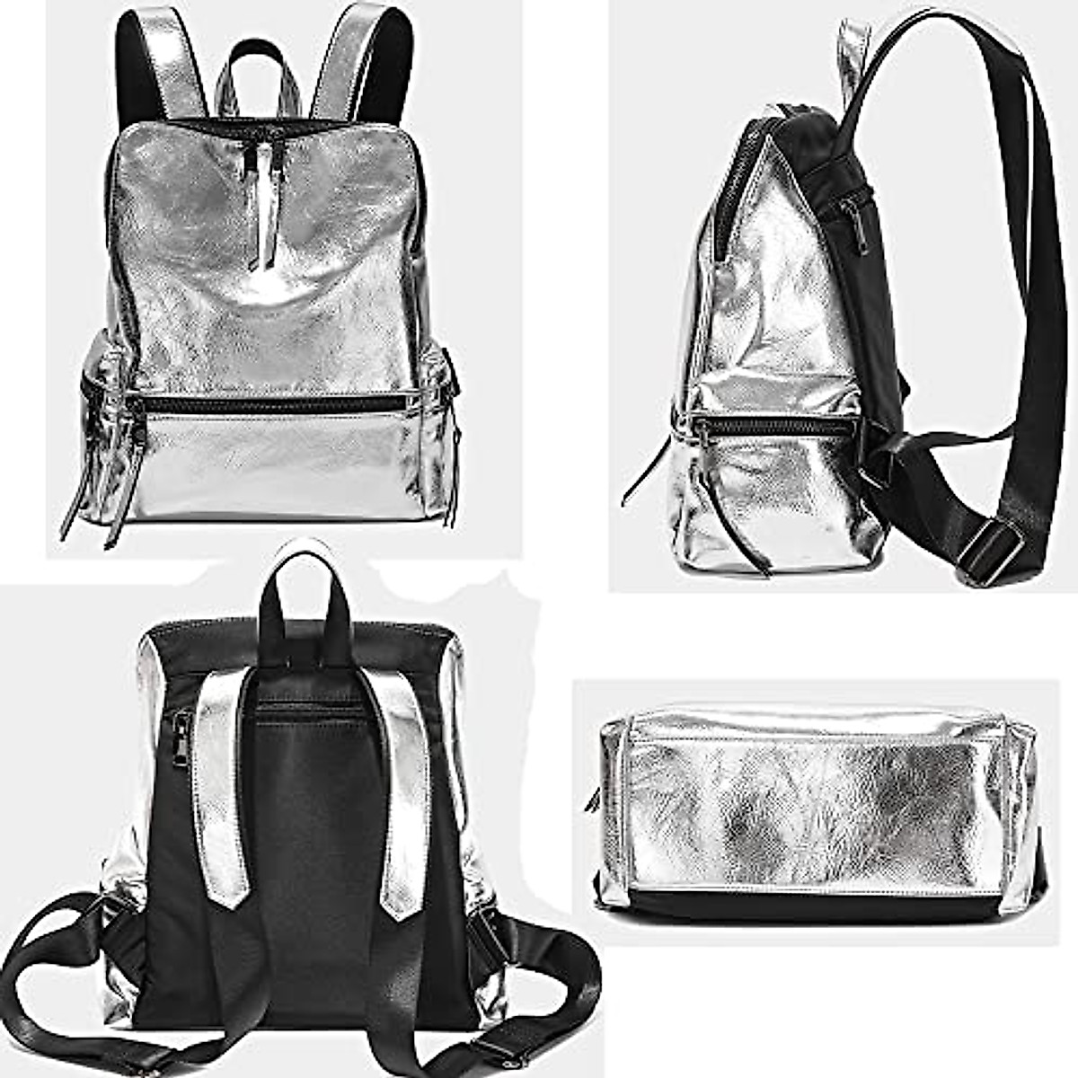 Downupdown Stylish Backpacks for Women Shiny Soft Leather Backpack with Top Handle Zipper Purse Shoulder Bags Travel Daypack Casual Waterproof Travel Bags-Sliver