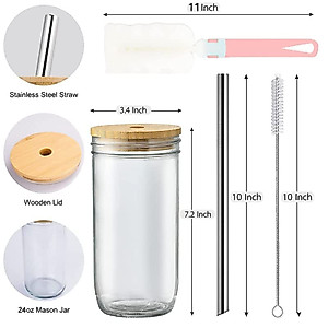 Mason Jar with Lid and Straw, Iced Coffee Cups 2 Pack 24 oz, Reusable Wide Mouth Smoothie Cups, Clear Tumblers Drinking Bottle, Boba Cup With Lids and Silver Straws for Large Pearl Juices Cocktail