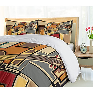 Ambesonne Music Duvet Cover Set, Funky Fractal Geometric Square Shaped Background Acoustic Guitar Art, Decorative 3 Piece Bedding Set with 2 Pillow Shams, King Size, Pale Yellow