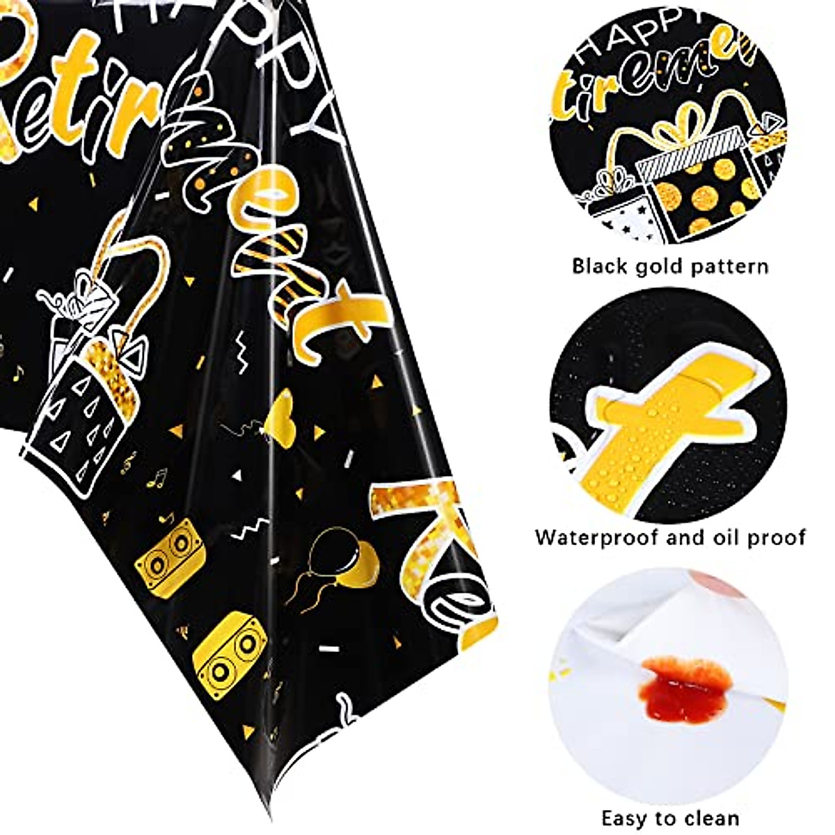 durony 2 Pieces Happy Retirement Plastic Tablecloths Table Covers Large Size 54 x 108 Inch Waterproof Retirement Table Cover Retirement Party Table Cover for Retirement Party Decorations, Black Gold