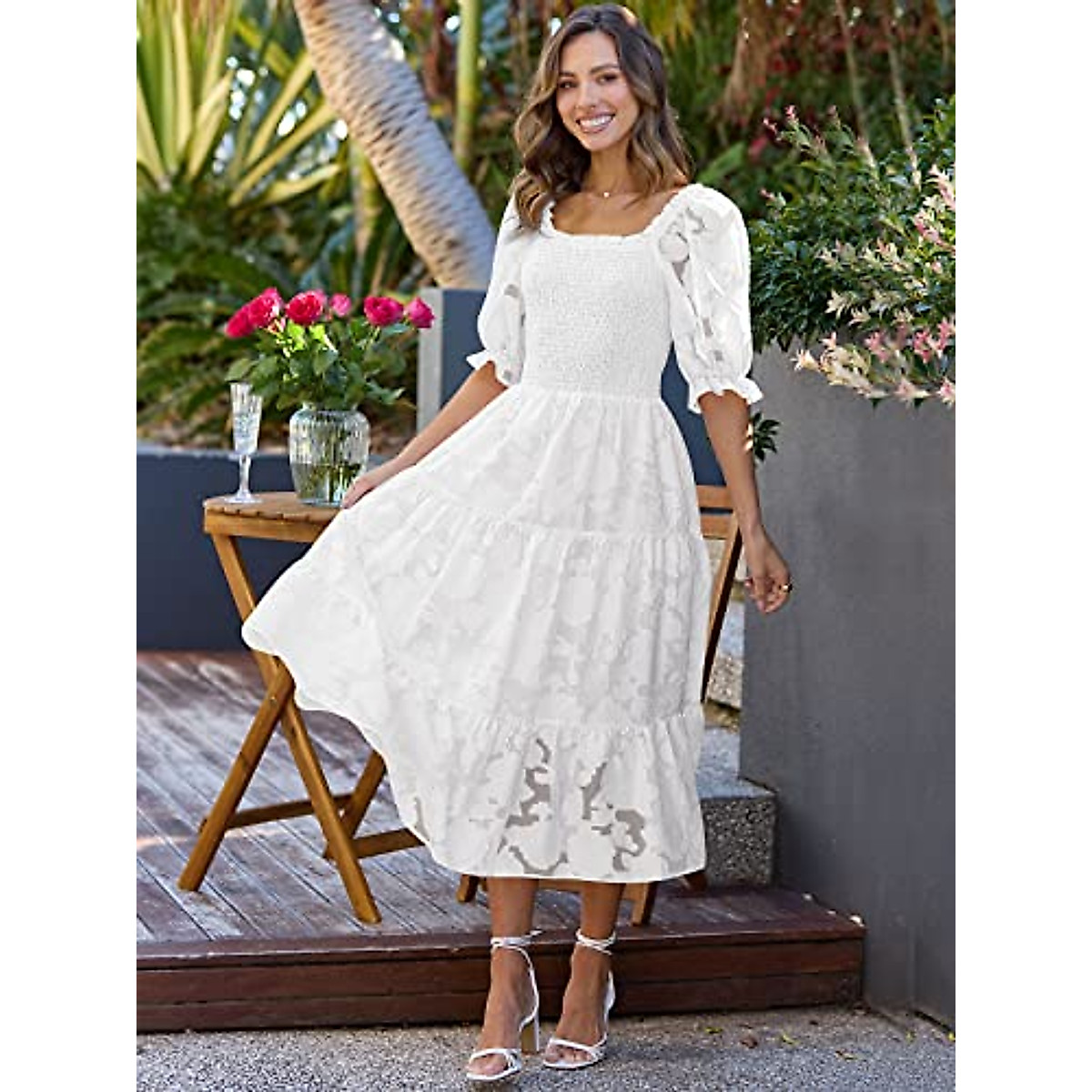 LILLUSORY Women's Flowy Puffy Spring Short Sleeve Dress 2023 Floral White Maxi Dress with Sleeves M