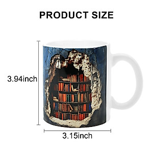 UQOOQFA Library Bookshelf Mug: 11oz 2D Bookshelves Hole In A Wall Mug Book Lovers Coffee Cup Ceramic Bookish for Men and Women for Indoor Home Office (A)