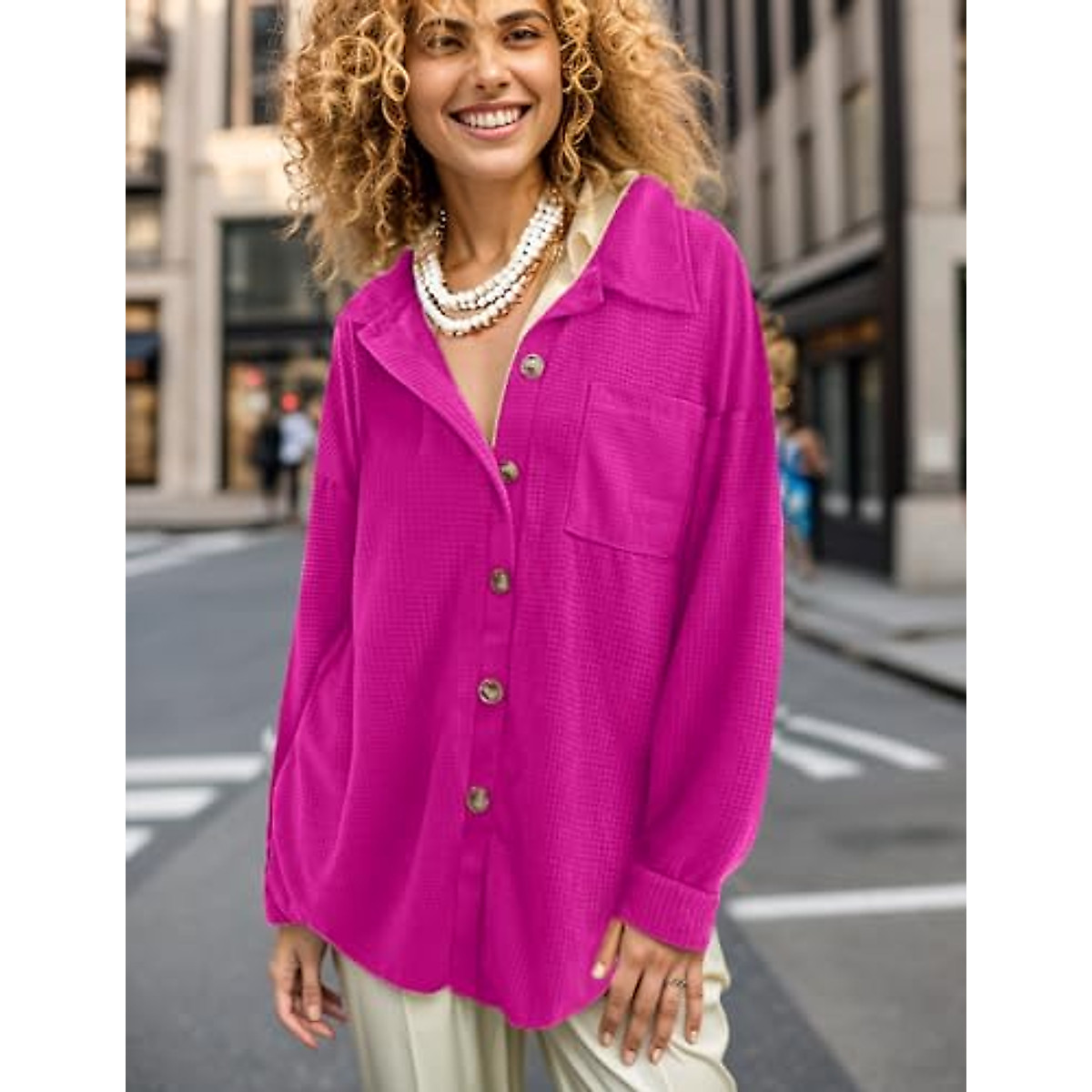 WIHOLL Womens Button Up Maternity Heavy Shirts Hot Pink Fall 2023 Outfits - Long Sleeve Tops Plus Size Jacket Fashion Barbie Clothes Office Casual Blouses XXL