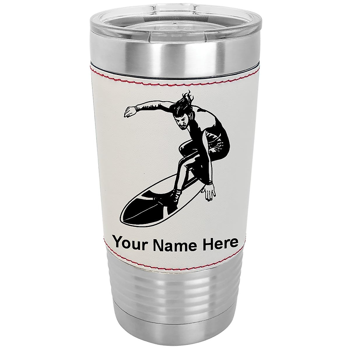 LaserGram 20oz Vacuum Insulated Tumbler Mug, Surfer Man, Personalized Engraving Included (Faux Leather, Baseball Style)