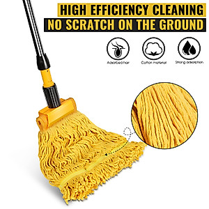 Almcmy Commercial Mop, Looped-End String Wet Mop with 2 Mop Head Replacement, Heavy Duty Mop Floor Mop with 55" Stainless Steel Handle & Jaw Clamp, Industrial Dust for Floor Cleaning