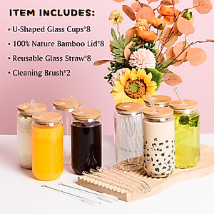 MOHARY [ 8pcs Set ] Drinking Glasses with Bamboo Lids and Straw 8pcs Set - 16oz U-Shaped Cups, Iced Coffee Glasses, Cute Reusable Bottle, Ideal for Whiskey, Beer, Tea, Gift - 2 Cleaning Brushes