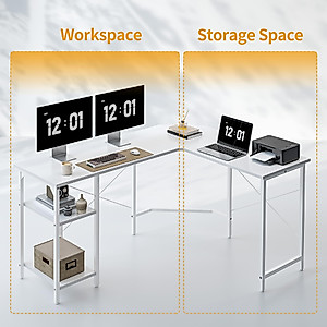 CubiCubi L Shaped Desk, 59.1 Inch Reversible Corner Desk with Storage Shelves, Home Office Desk for Writing Gaming Study, White