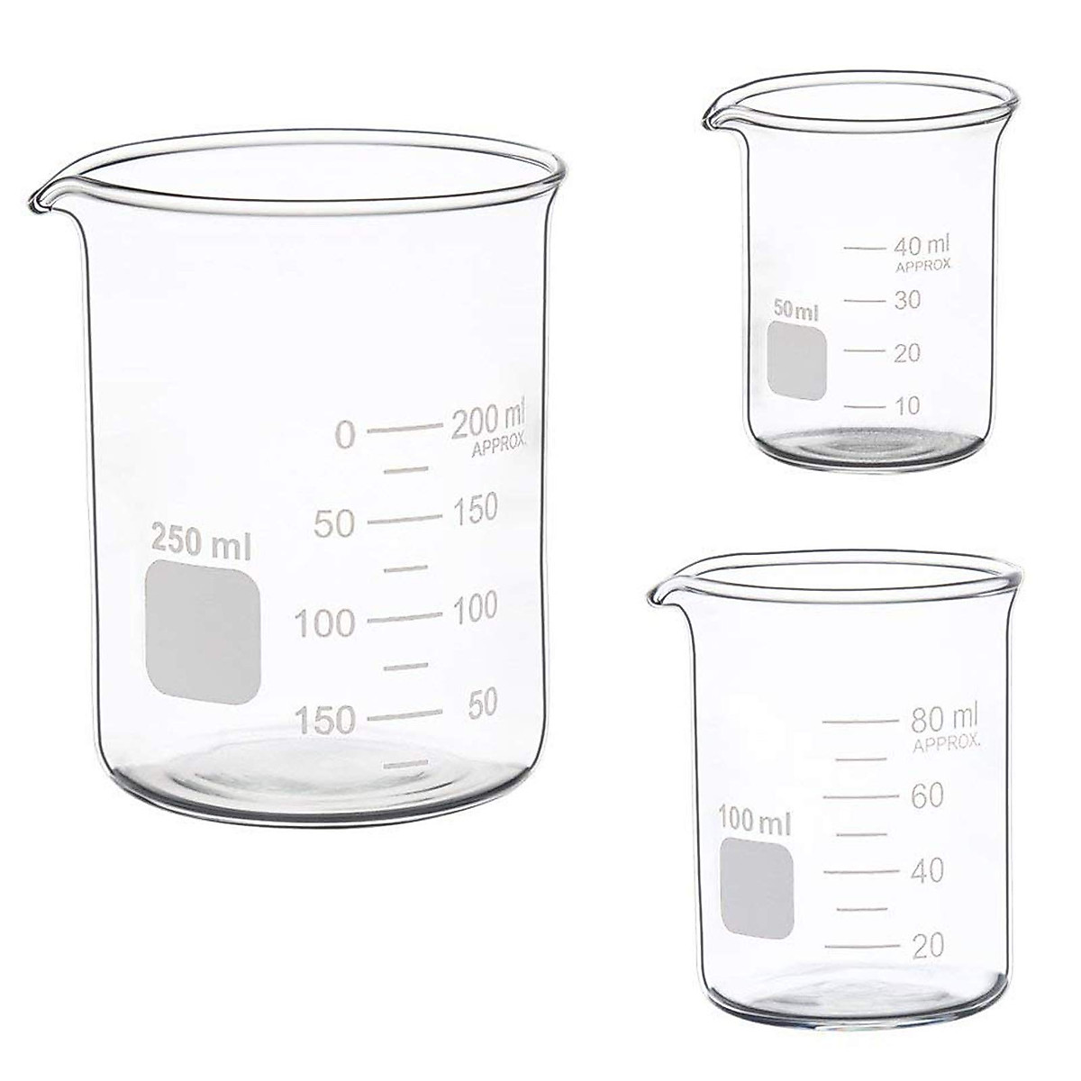 Glass Measuring Low Form Beaker Set 50ml 100ml 250ml and Thick Glass Graduated Measuring Cylinder Set 5ml 10ml 50ml 100ml