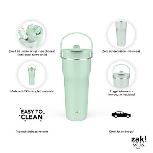 Zak Designs Harmony 2-in-1 Coffee Tumbler for Travel or At Home, 30oz Recycled Stainless Steel is Leak-Proof When Closed and Vacuum Insulated with Handle (Icicle Mint Green)