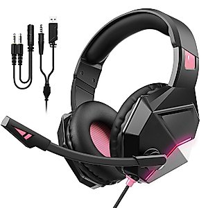 MW ACC CA Gaming Headset Pink for PS4, PS5, PC, Xbox One, Over Ear Headphones with Noise Cancelling Mic, PC Headset with Bass Surround Sound, LED Light, for Laptop Mac Switch, Girls, Kids