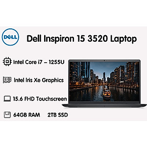 Dell Inspiron 3520 15.6 Inch FHD Touchscreen Business Laptop, Intel Core i7-1255U, 64GB RAM, 2TB SSD, Windows 11 Pro, WIFI, USB - C, HDMI, Black