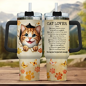99OWL Funny Adults Tumblers Yellow For Women Insulated Coffee Brown Handle Cup Butterfly Cute Lovers Cups, Cat Gifts, Tumbler 40 Oz With Handle Lid And Straw, Cat Paw Lover