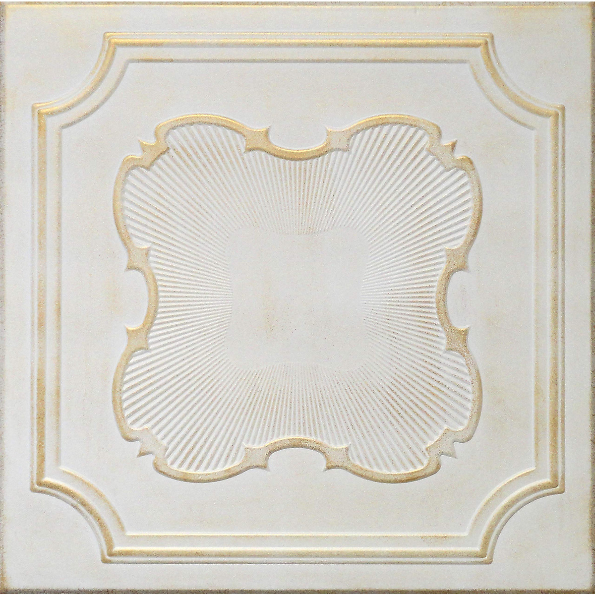 R37 White Satin Washed Gold 20x20 Amazing Styrofoam Tin Look Ceiling Tiles Easy to Glue Up On Any Type of Surface
