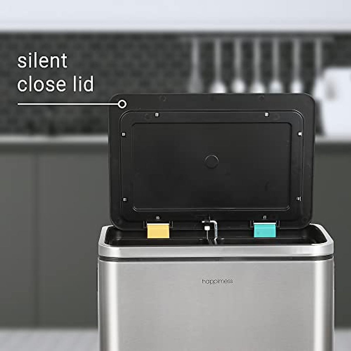 happimess HPM1004A Elmo Rectangular 8-Gallon Double Bucket Trash Can with Soft-Close Lid, No Slamming, Fingerprint-Proof, Kitchen, Laundry Room, Office, 7.9 Gallons, Stainless Steel