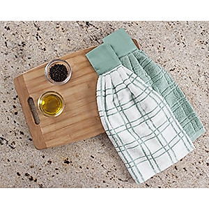 Ritz Premium 100% Cotton Solid and Multi Check Kitchen Tie Towel, Absorbent, Super Soft, and Fast Drying Hang Towel, Set of Two, Dew