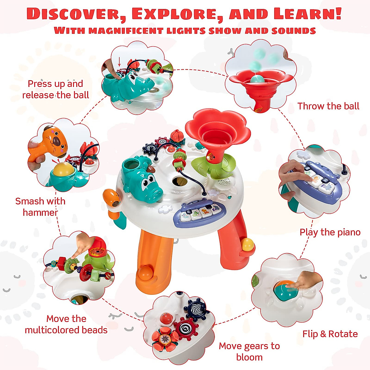 Costzon Activity Table, Toddler Music Learning Table w/ 16 Songs, Sound, Lights, 3 Ball Games, 9 Activities, Piano, Beads, Kids Discover Explore Activity Center, Baby Toy for Boys & Girls (Multicolor)