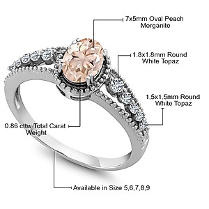 Gem Stone King 925 Sterling Silver Peach Morganite and White Topaz Engagement Ring For Women (0.86 Cttw, Oval 7X5MM, Available In Size 5, 6, 7, 8, 9)