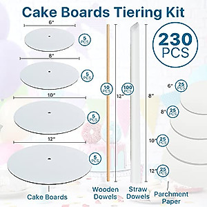 Akamino 230 PCS Cake Boards Tiering Kit, 12 Inch,10 Inch, 8 Inch, 6 Inch Round Cake Cardboard, Parchment Paper Rounds with Wooden Dowels and Straw Dowels for Wedding Birthday Party (White)