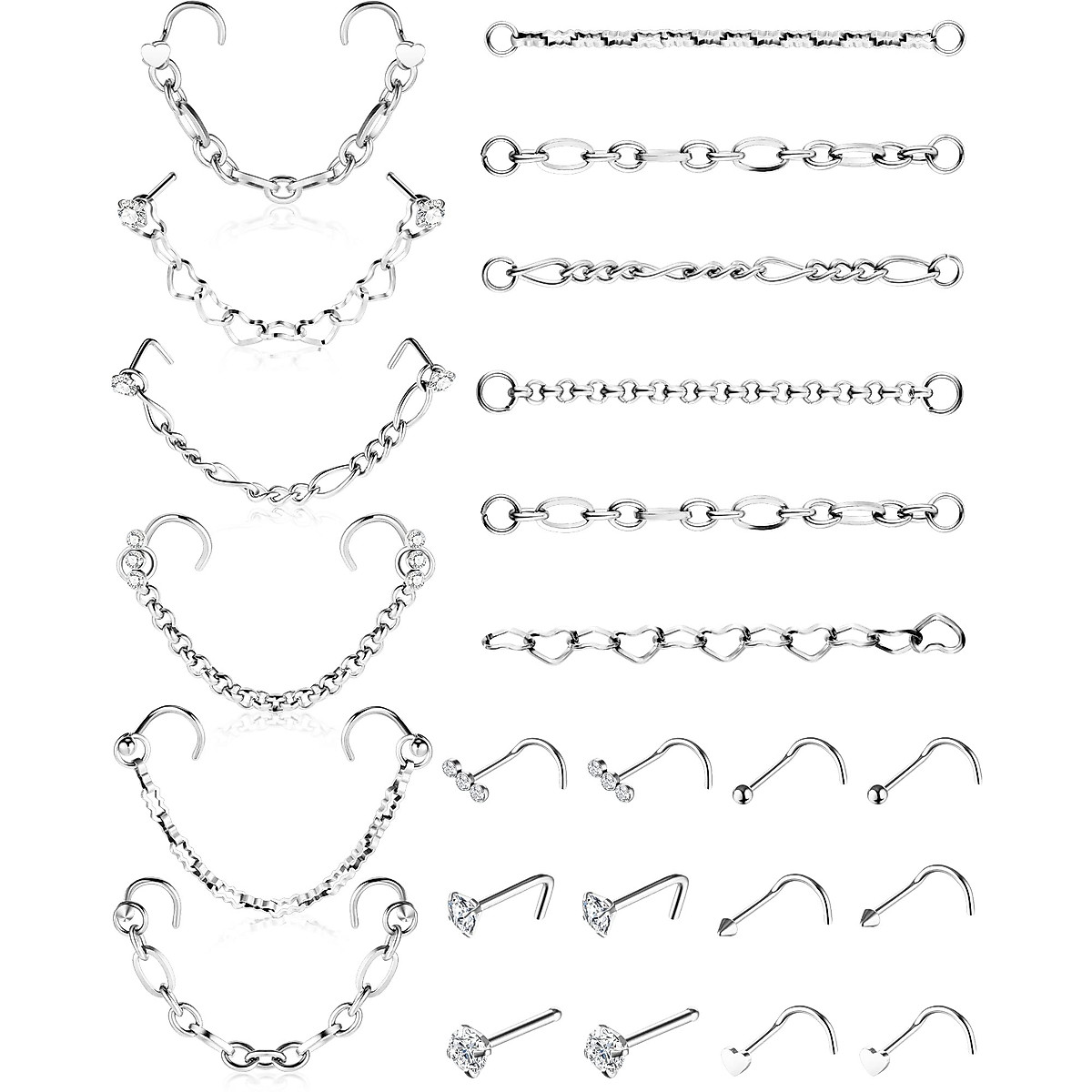 MTLEE Nose Ring Nose Chain Piercing Across Double Nose Stud Chain Jewelry CZ Heart Ball l Shaped Stainless Steel Nose Piercing Stud Nostril Jewelry for Women Men(Silver,1.5 Inch)