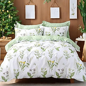 FADFAY Duvet Cover Set Queen 4-Pcs Shabby Daisy and Lavender Flowers 100% Cotton Hidden Zipper Closure with Green Deep Pocket Fitted Sheet 4 Pieces Queen Size