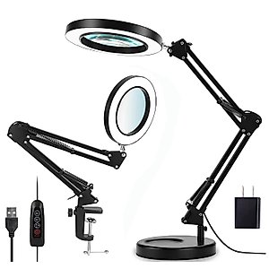 Qsky Magnifying Glass with Light and Stand, 10X Magnifying Lamp, 2-in-1 Desk Lamp with Clamp,3 Color Modes & Stepless Dimmable, LED Lighted Magnifier for Reading, Crafts, Repair Work (Black)