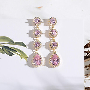Cubic Zirconia Bridal Earrings Gold - Long 14k Plated Pink Teardrop CZ Wedding Party Prom Earrings for Bride Bridesmaids Crystal CZ Rhinestone Chandelier Statement Dangle Drop Earrings for Women