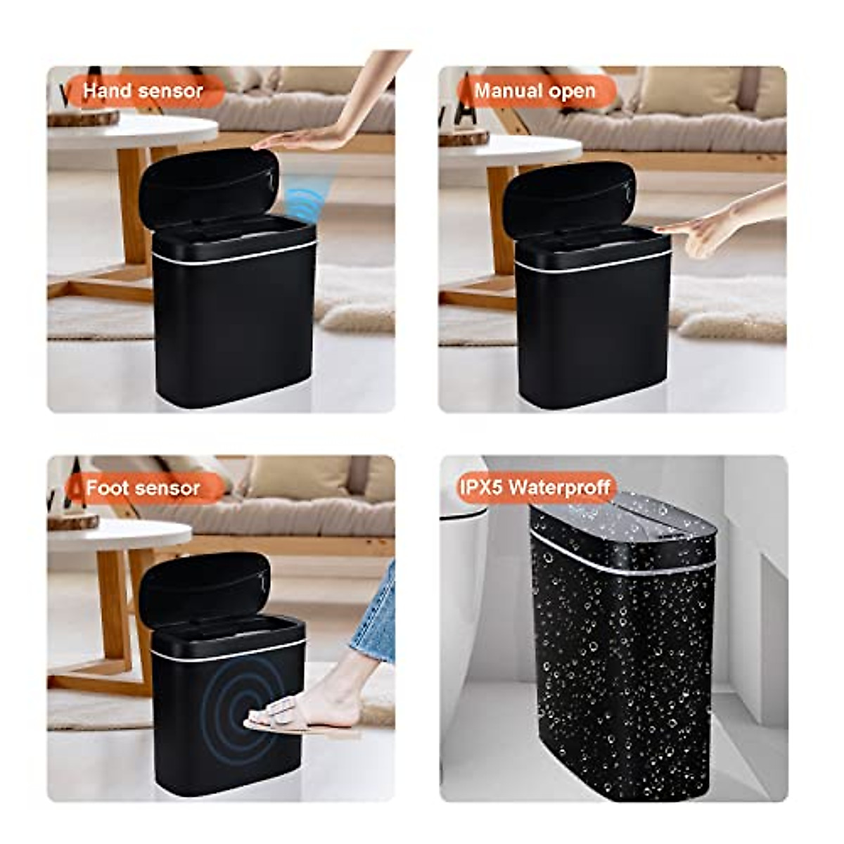 2023 Upgraded Bathroom Trash Can with Lid 3.5 Gal, Self-Sealing Auto Motion Sensor Touchless Trash Bin, Small Smart Slim Garbage Wastebasket for Toilet, Office, Rv, Bedroom, Livingroom (Black 3.1gal)