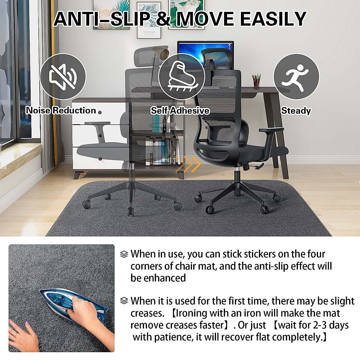 Office Chair Mat for Hardwood Floor & Tile Floor, 48" × 35" Computer Desk Chair Mat for Gaming, Low-Pile Desk Rug, Large Anti-Slip Floor Protector Mat for Rolling Chair, Washable Reusable - Stickers