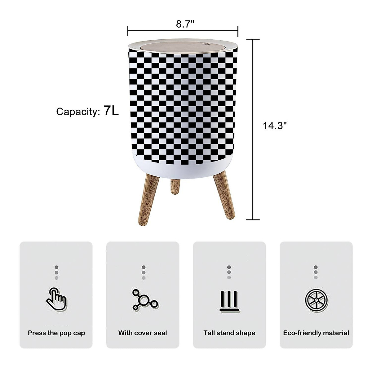 IKFLWJUTFW Small Trash Can with Lid Black and White Checkered Seamless Stock 7 Liter Round Garbage Can Elasticity Press Cover Lid Wastebasket for Kitchen Bathroom Office 1.8 Gallon