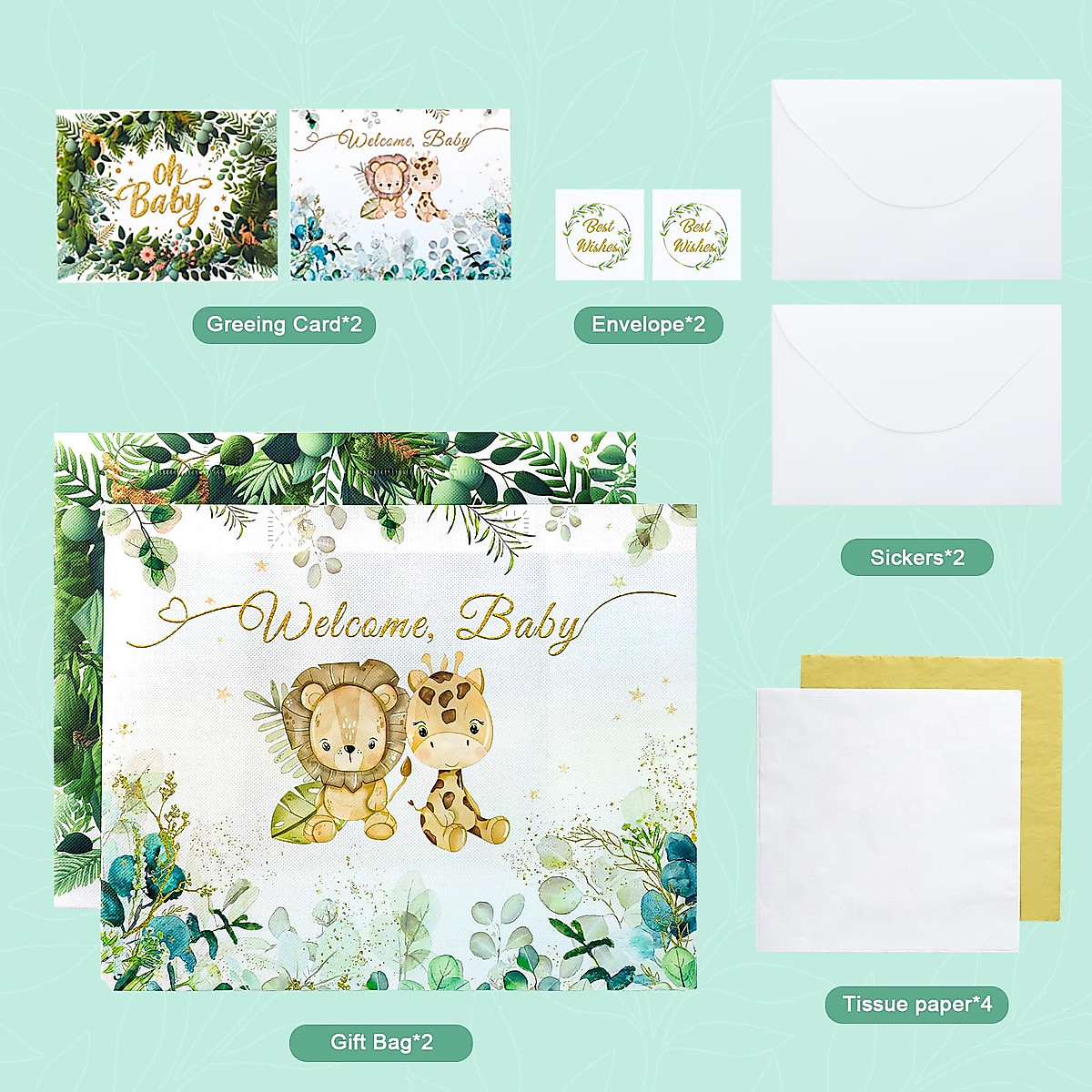 YANGTE 2 Pack 13" Large Baby Gift Bag for Baby Shower, Reusable Non-Woven Baby Gift Wrap Bags with Tissue Paper and Greeting Card for Boy and Girl Baby Shower Party