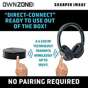 Sharper Image OWN ZONE Wireless Rechargeable TV Headphones- RF Connection, 2.4 GHz, Transmits Wirelessly up to 100ft, No Bluetooth Required, AUX, RCA, & Optical Cable Included (Black)
