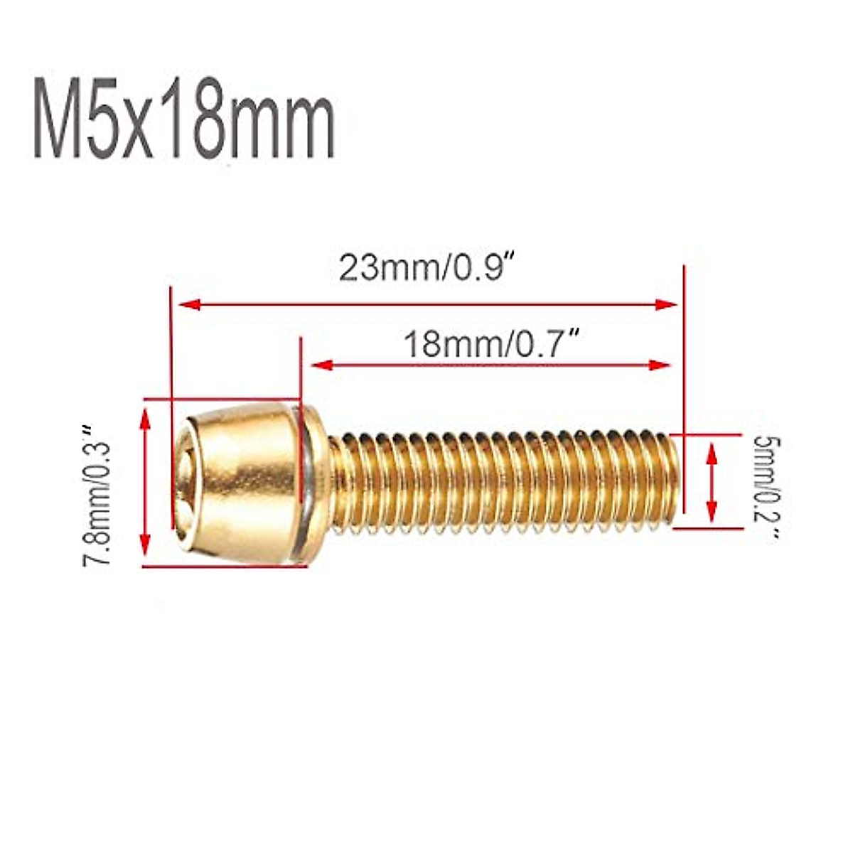 M5x18mm Stem Bolts Titanium Plating Stainless Ti Allen Hex Tapered Head Bolt with Washers Screw for Bicycle Stem Parts Pack of 6(Gold)