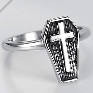 Jude Jewelers Stainless Steel Christian Cross Coffin Shape Religious Prayer Cocktail Party Halloween Biker Ring (Silver, 6)