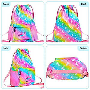 Drawstring Backpack Bag for Kids Girls, Waterproof Beach Bag with Zipper Pocket for Swimming Sports Gym Travel Birthday Christmas Gift (Rainbow Unicorn)