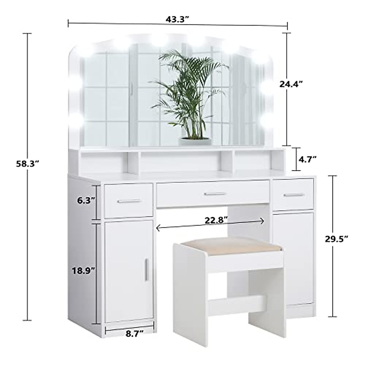 usikey Large Vanity Set with Large Lighted Mirror, Modern Makeup Vanity Table with 3 Drawers, 2 Storage Cabinets & 10 LED Bulbs, Dressing Table with Cushioned Stool for Women, Bedroom, White